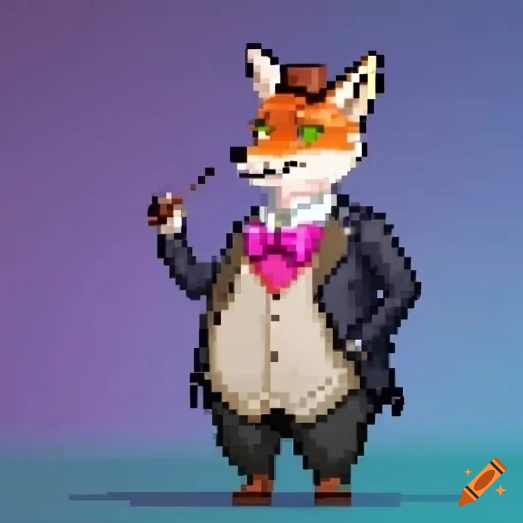 Dapper male fox in suit vest and fedora in pixel art style on Craiyon