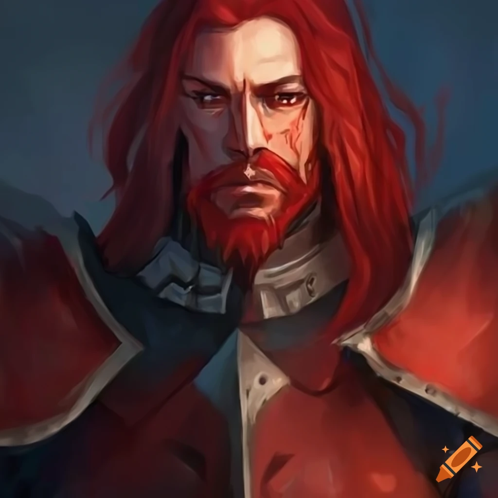 Paladin knight with long dark red hair and goatee on Craiyon