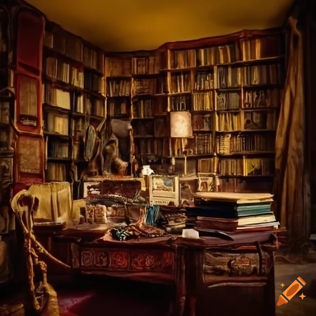 Imaginative ancient study room filled with books, scrolls, and ...