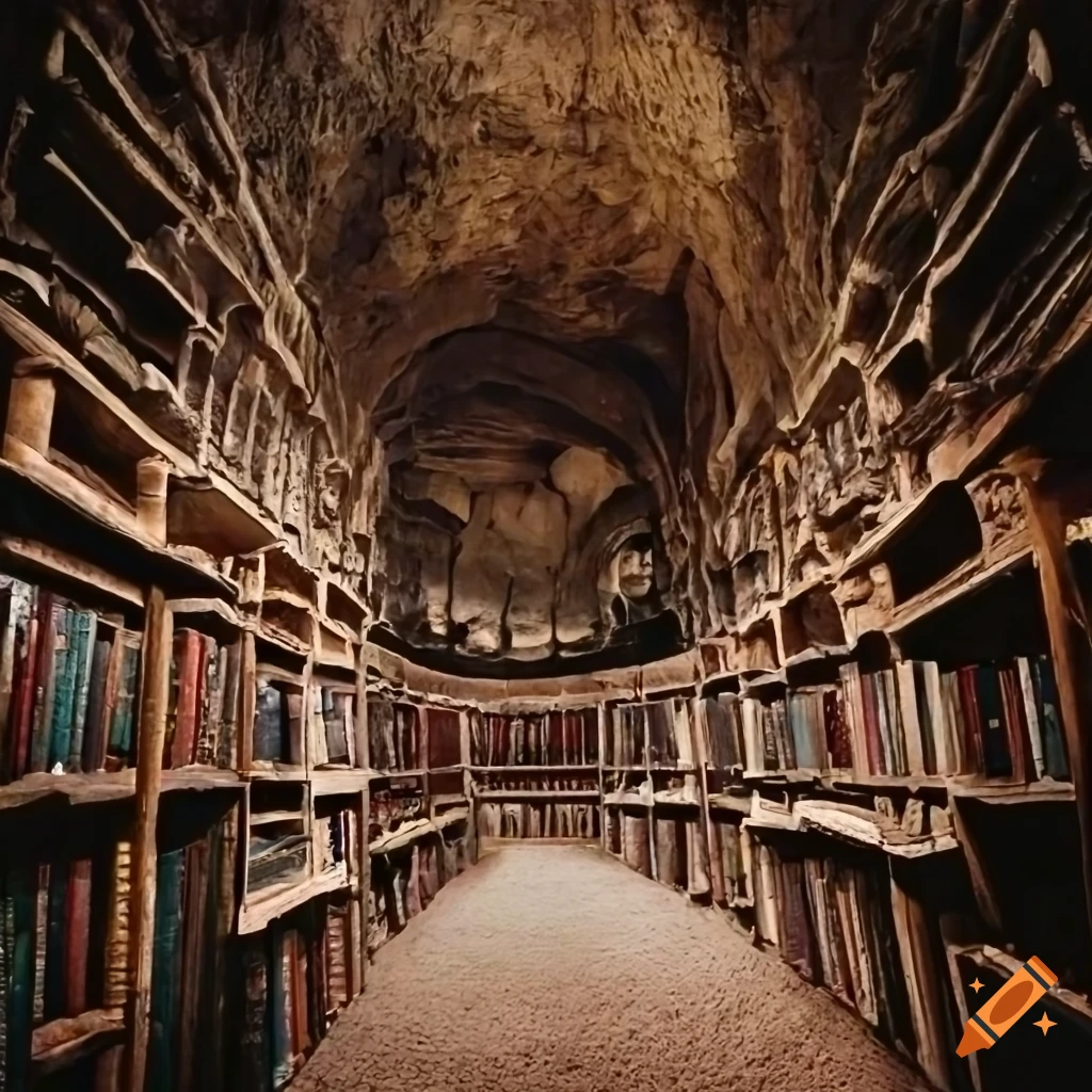 Ancient multilevel library bookshelves in a massive cave cavern on Craiyon