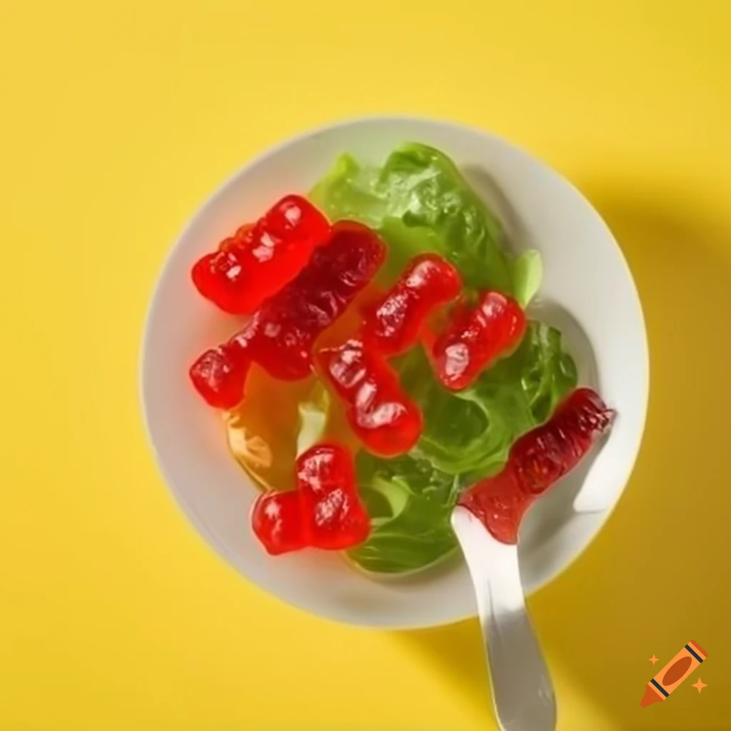 Salad topped with red gummy bears on yellow background on Craiyon