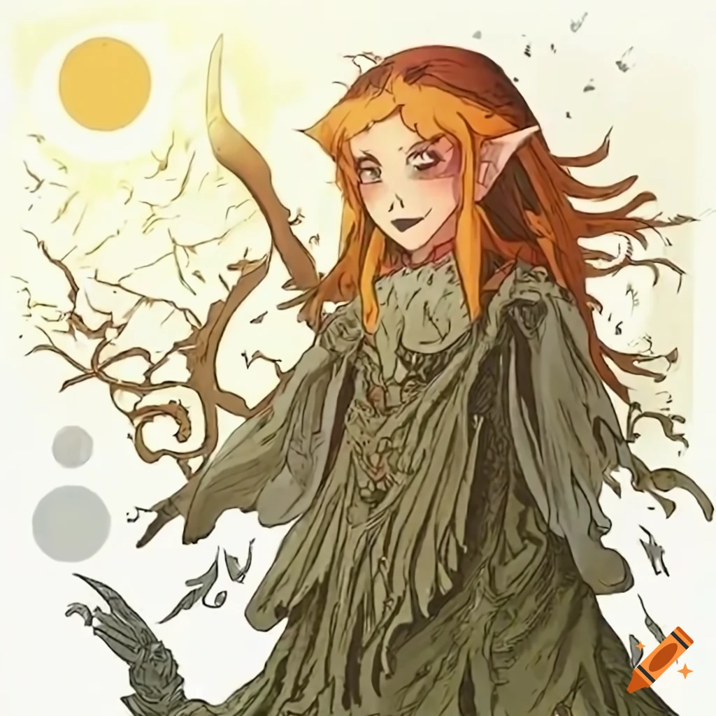 Mysterious druid elf with sun, raven, trees, water traits in Gustave ...