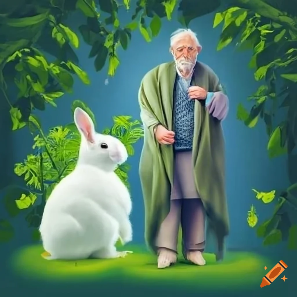 Elderly man with a shawl standing near a white rabbit and a leafy tree ...