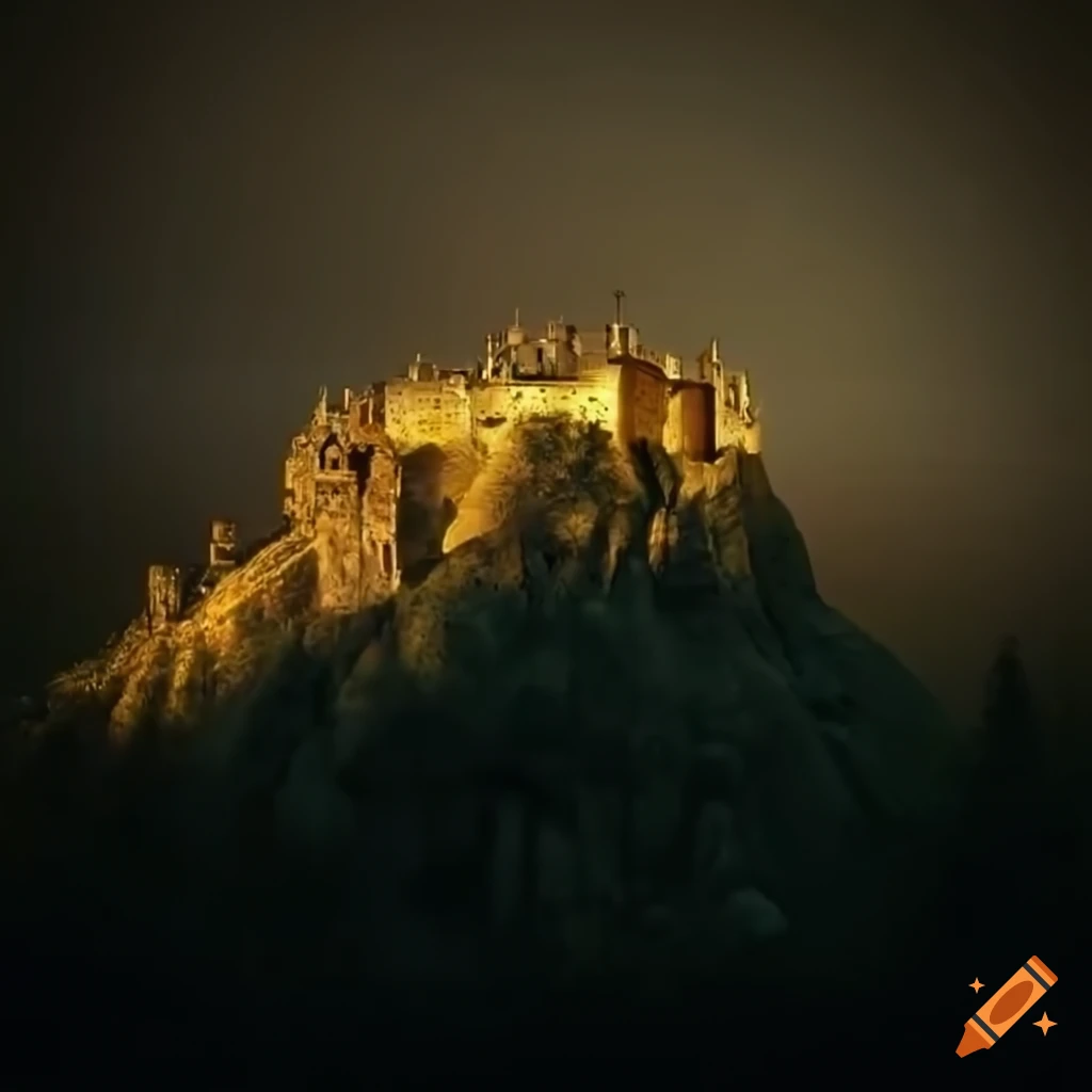 Golden castle on mountain surrounded by lush forests and sparkling ...
