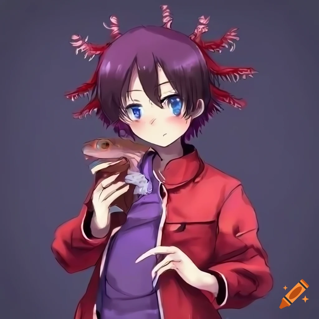 Dark-skinned anime axolotl boy with purple and red jacket and blue eyes ...