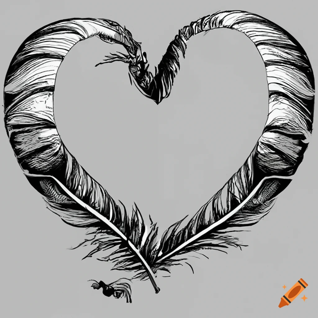 Feather heart drawing transforming in black and white on Craiyon