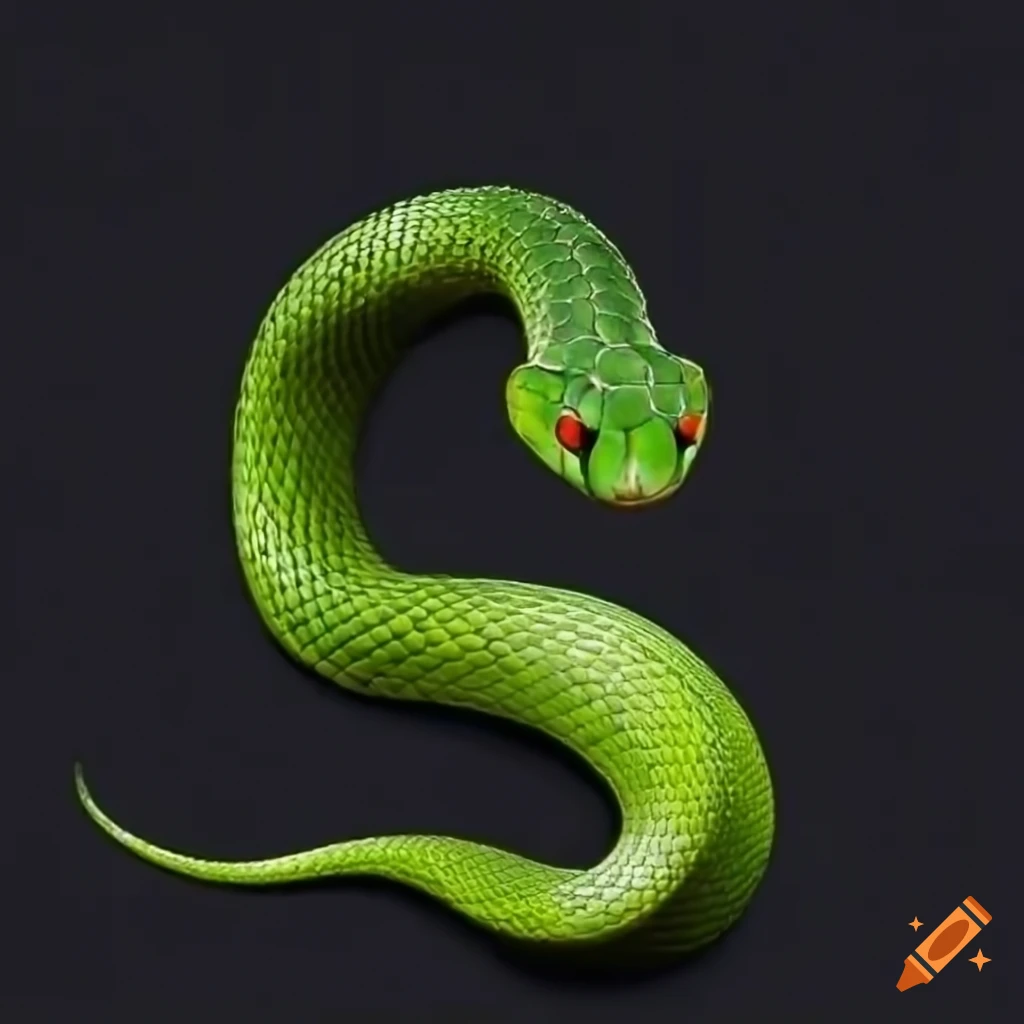 Green snake with red eyes forming the letter s in anime style on black ...