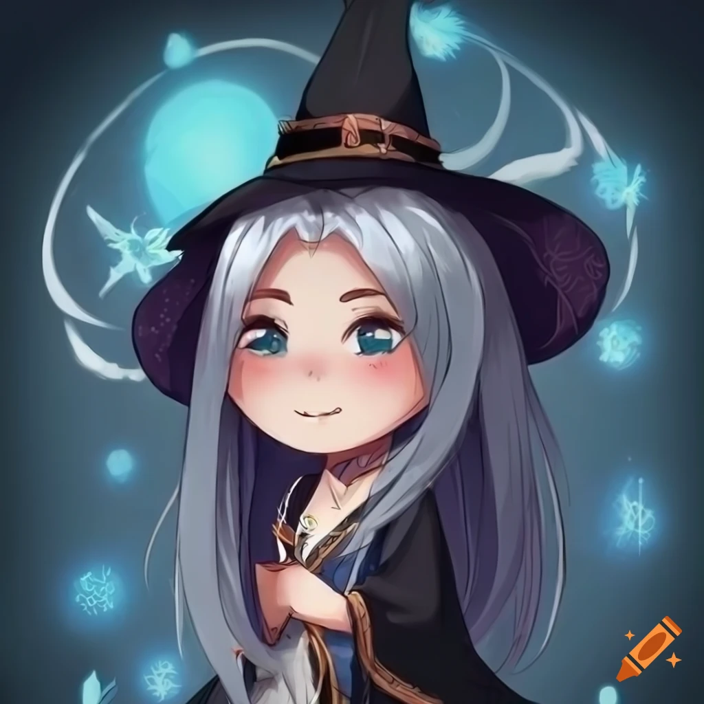 Portrait of a cheerful 21-year-old ice witch in traditional black witches clothing and snow ...