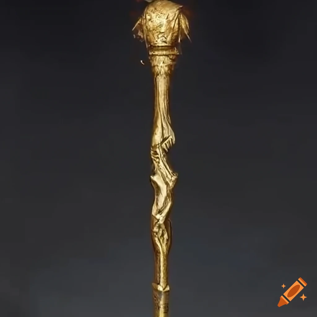 Golden staff carved with celestial runes and an opalescent crystal at ...