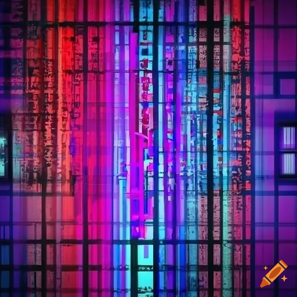 Matrix-style walls of symbols in red, blue, and violet colors on Craiyon