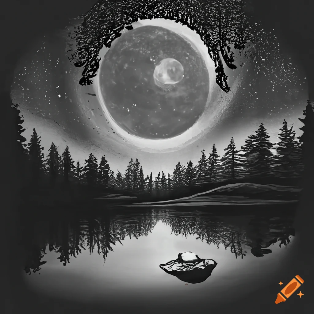 Moonlit lake surrounded by forest with reflection of moonlight on the ...