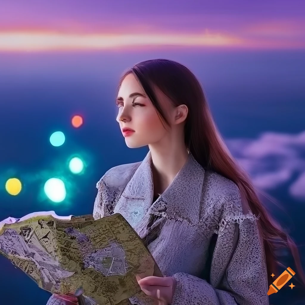 Realistic girl with a treasure map gazing at magical animal outlines in ...