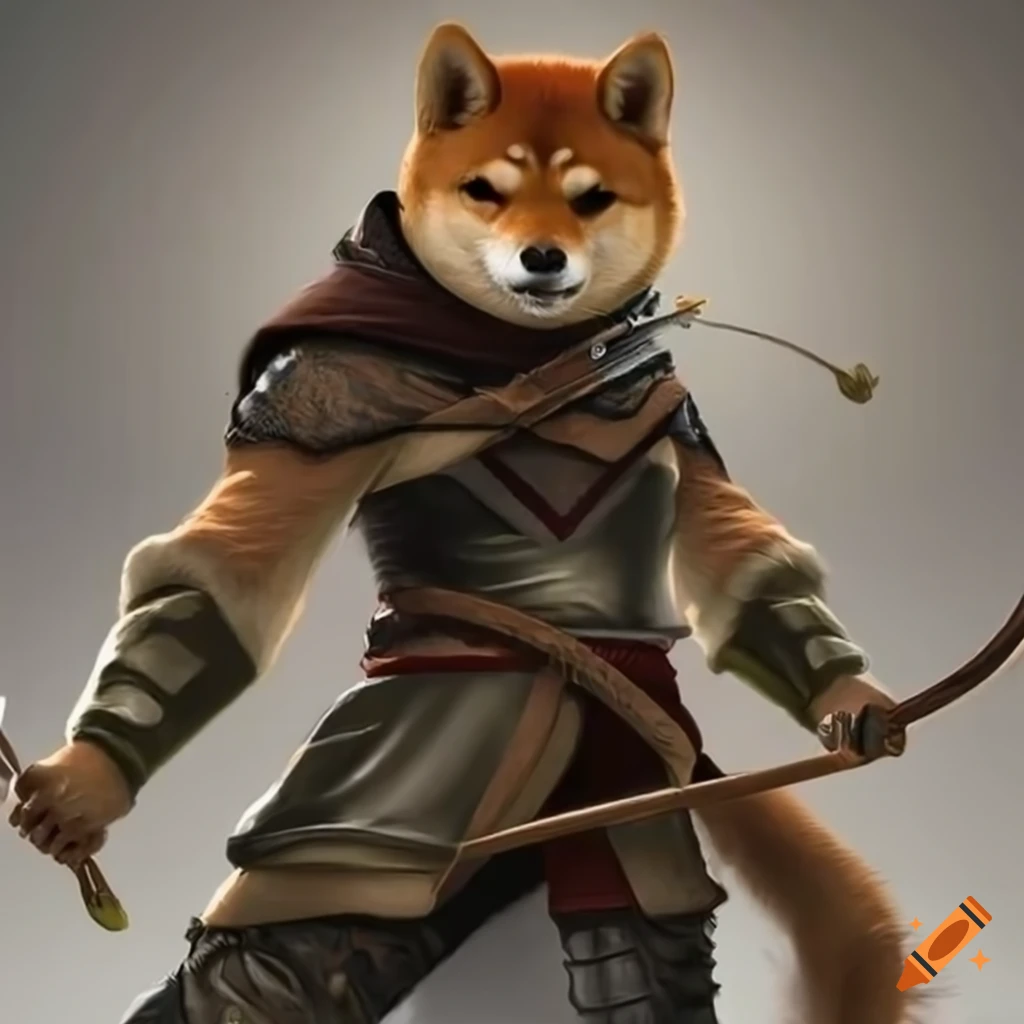 Shiba inu dressed as a ranger warrior with bow and arrow on Craiyon