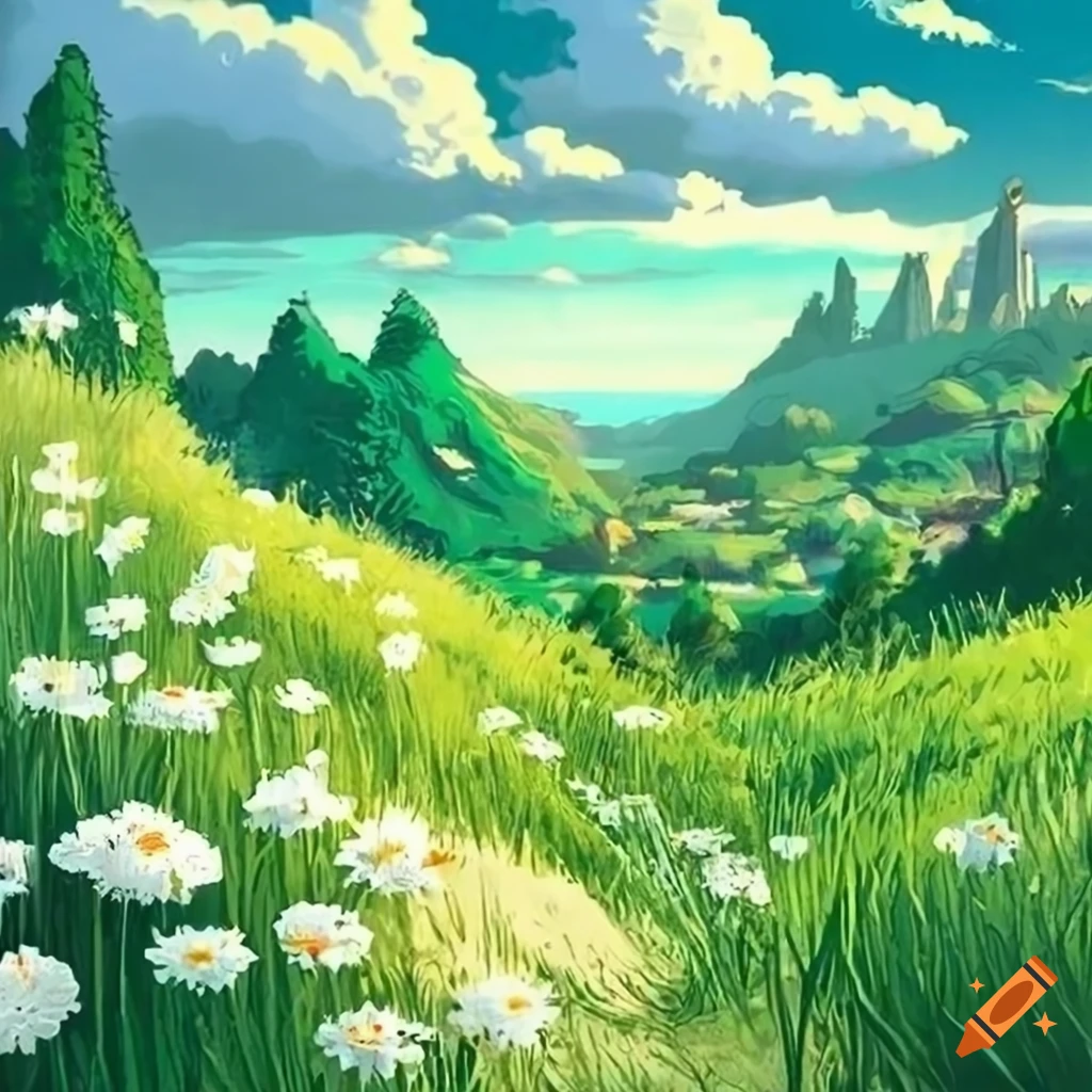 Ghibli style landscape with green grass hill and white flowers under a clear blue sky on Craiyon