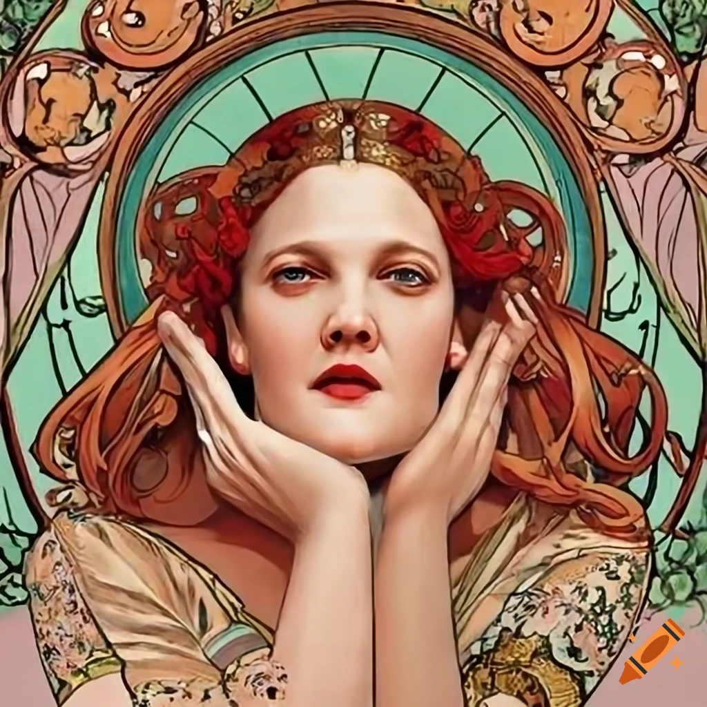 Drew barrymore portrayed in mucha style on Craiyon