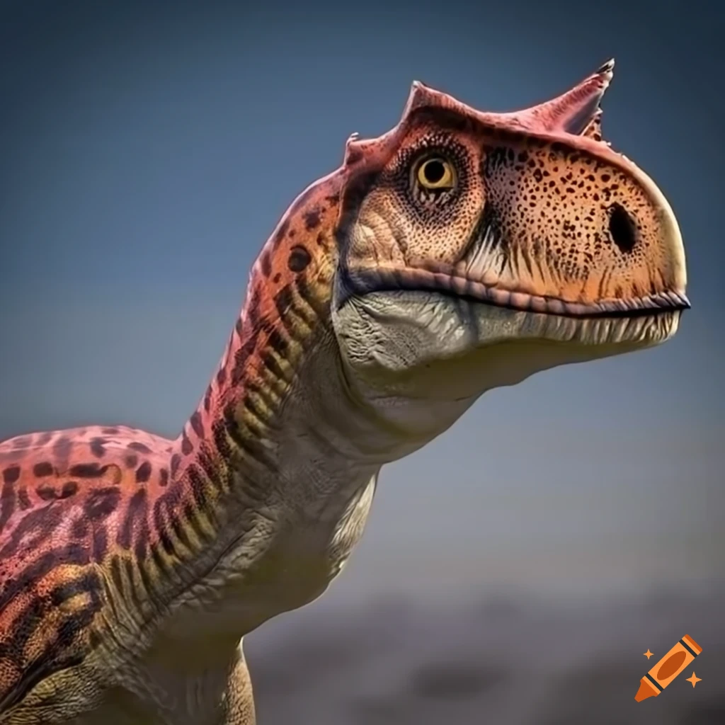 Carnotaurus with intricate color pattern roaming on extensive mudflat ...
