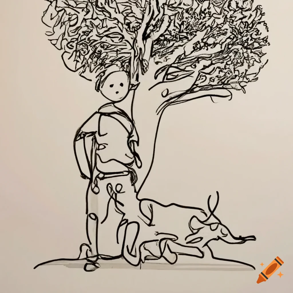 Cow and boy under a tree in a continuous pencil sketch on Craiyon