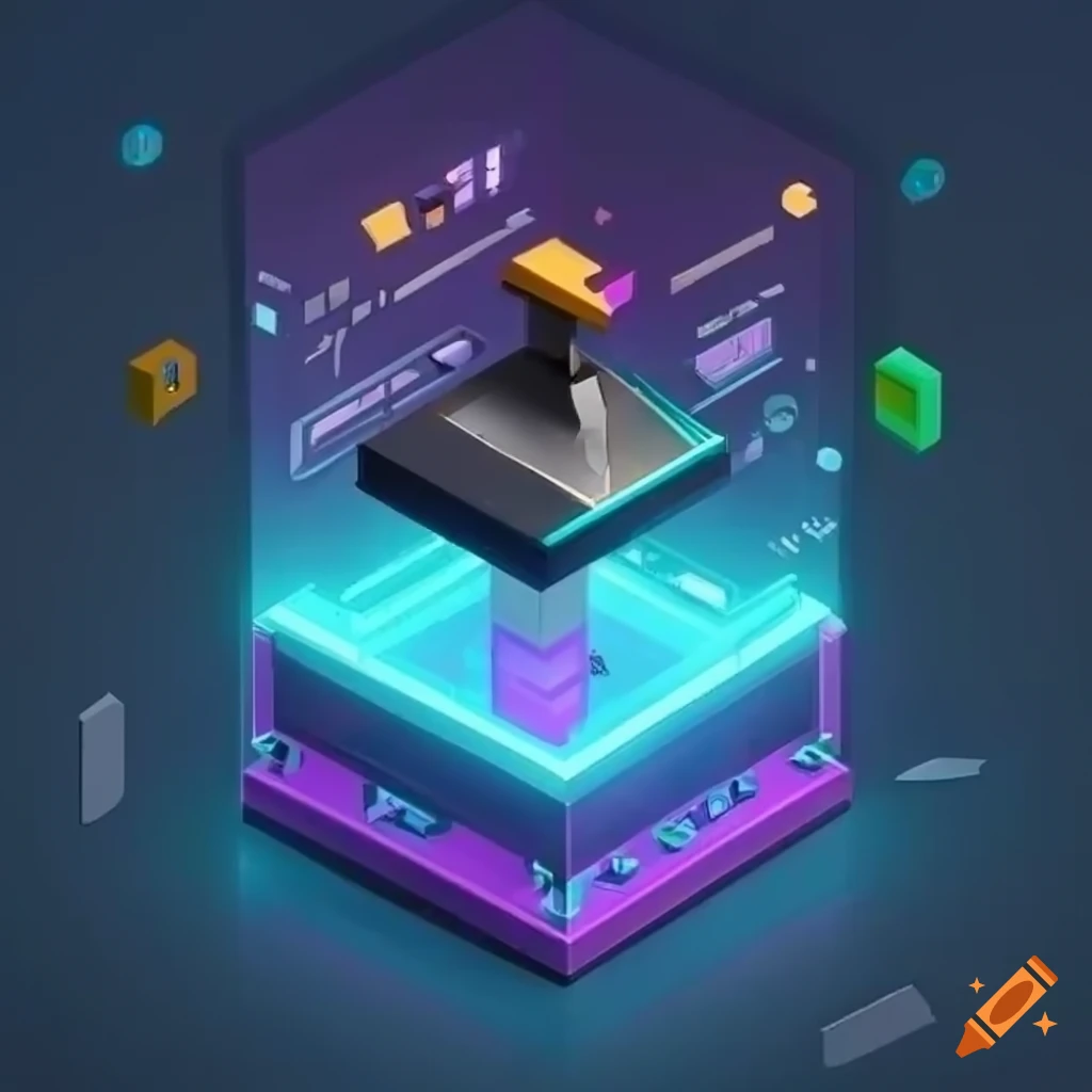 Isometric technology-themed design with intricate details on Craiyon