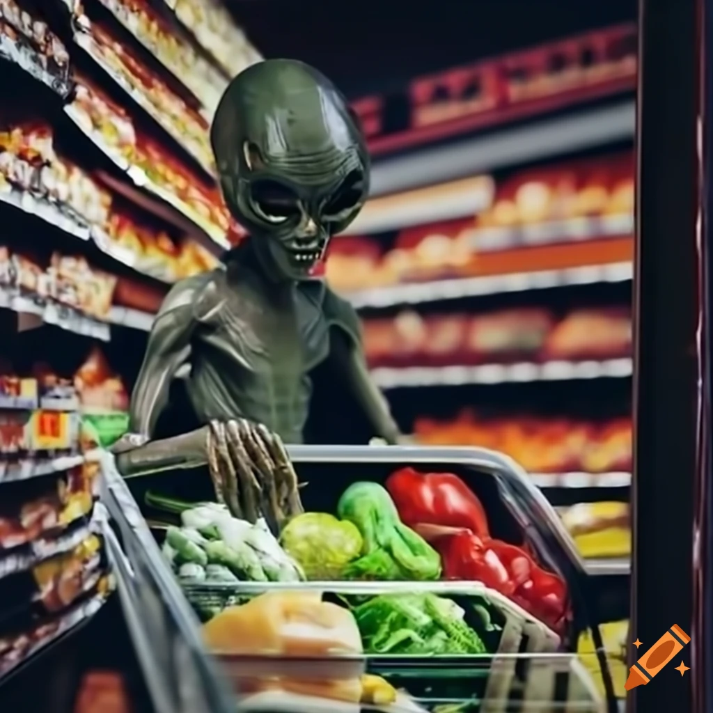 Alien working as a cashier at a grocery store on Craiyon