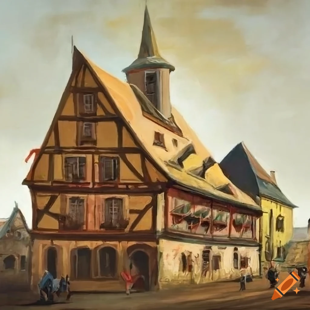 Alsace forge building in 18th century painting style on Craiyon
