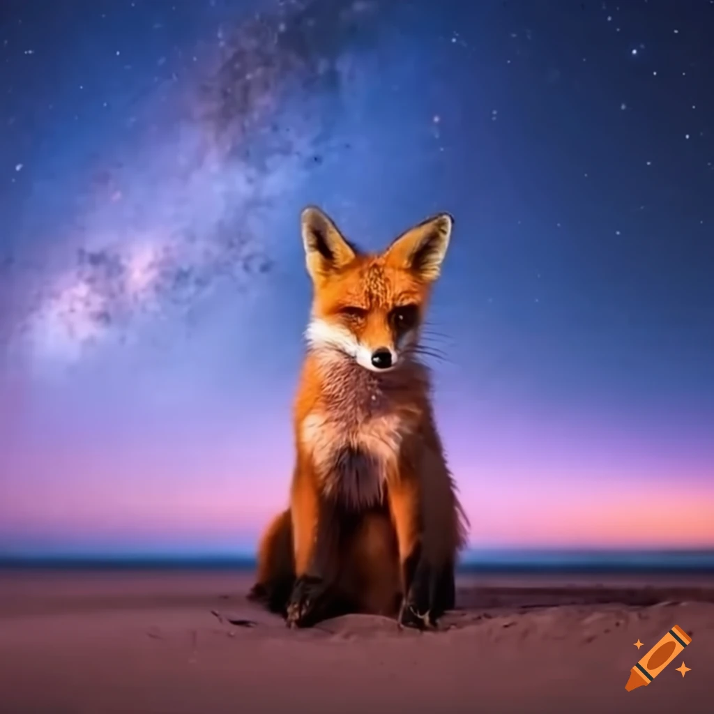 Red fox with sad brown eyes sitting on a beach under a star-filled sky ...