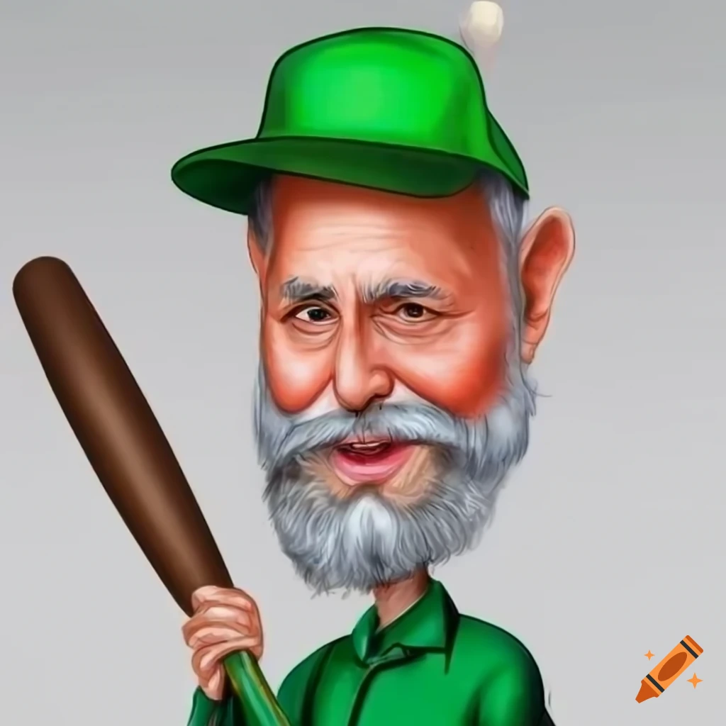 Older man with beard and green hat holding a baseball bat in caricature ...