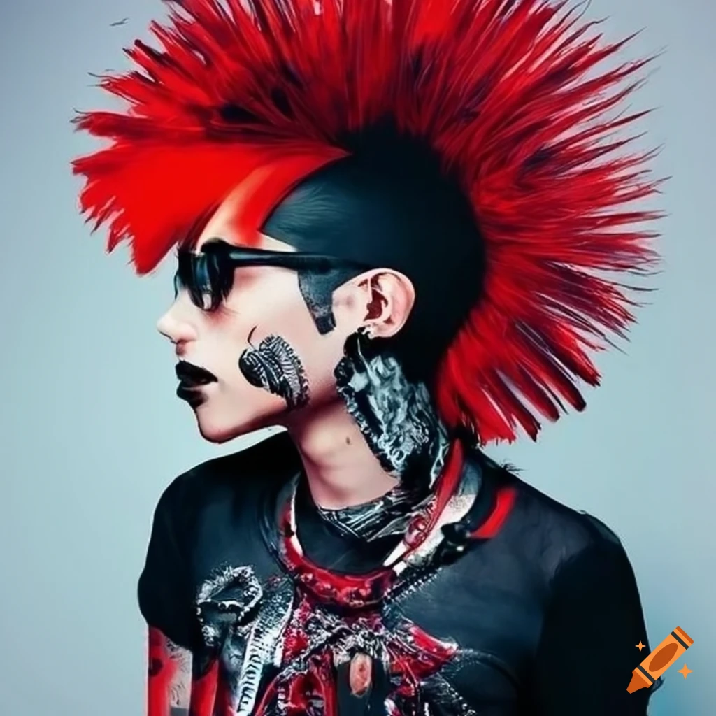 Person with black and red mohawk hairstyle on Craiyon
