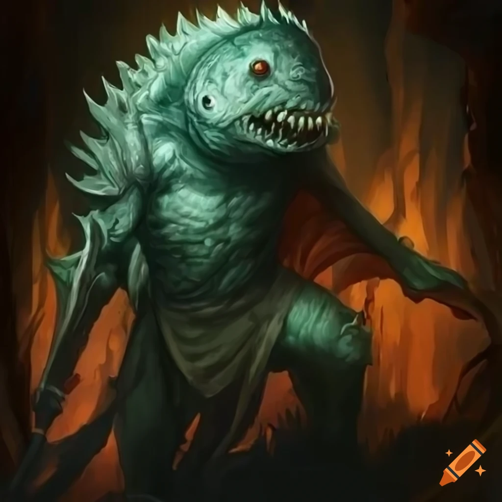 Monstrous humanoid fish with a shield in fantasy art on Craiyon