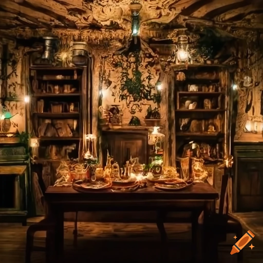 Enchanted forest town dining room with shelves of small bottles and ...