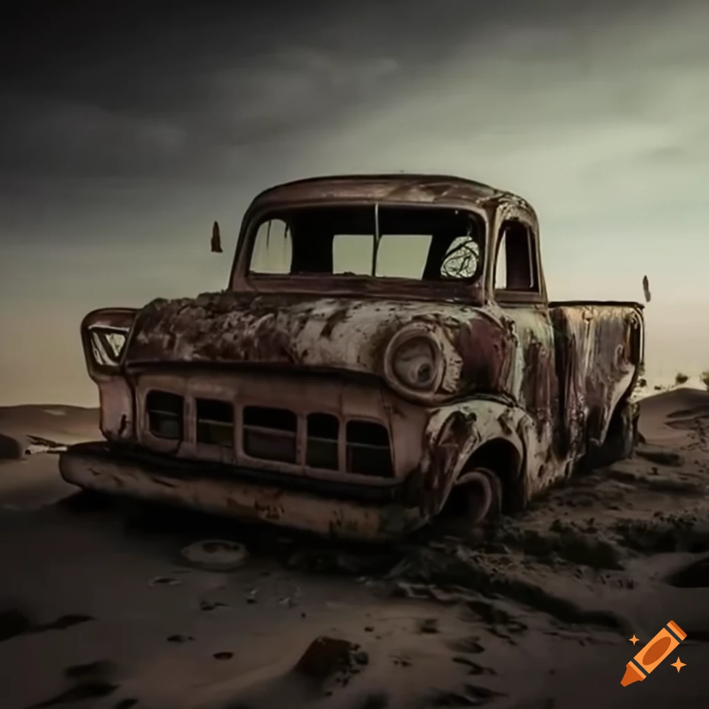 Eerie pickup truck in an abandoned desert with gothic and horror vibes ...