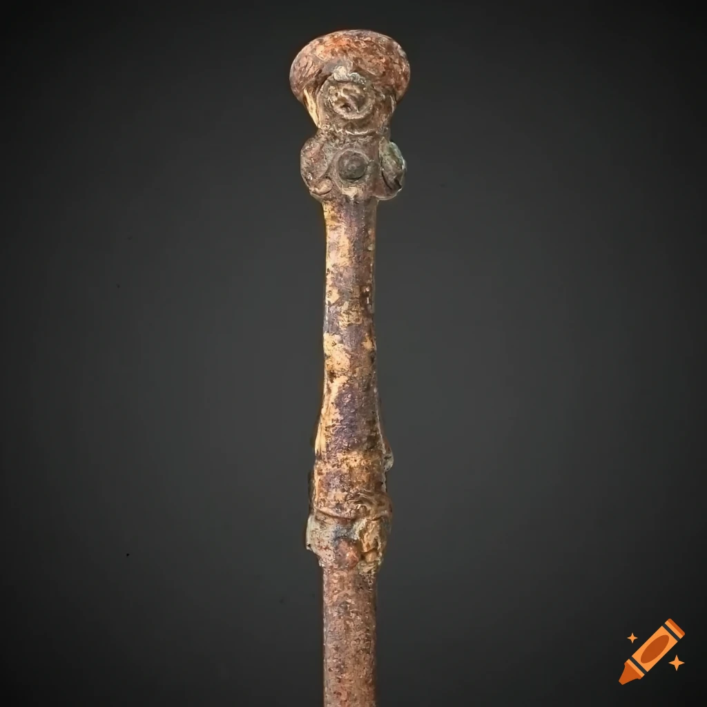 Ancient damaged and rusty bronze staff on Craiyon