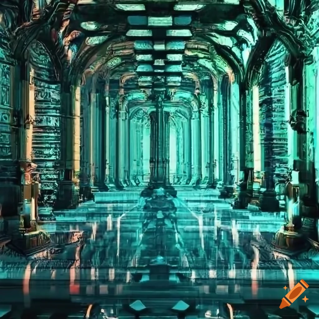 Colonnade of cybernetic alien exotic architecture in green and gold on ...