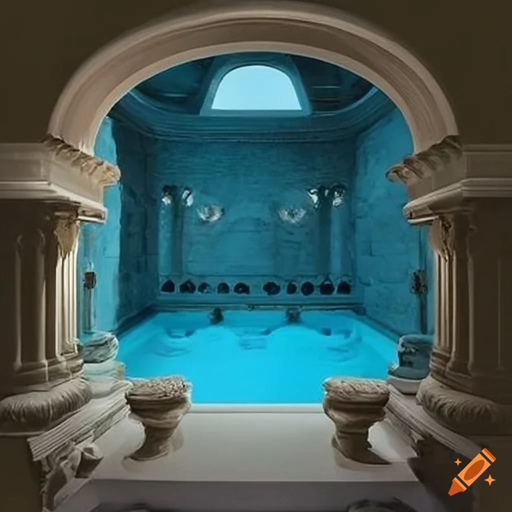 Interior view of a roman-style pool with columns in a grotto on Craiyon
