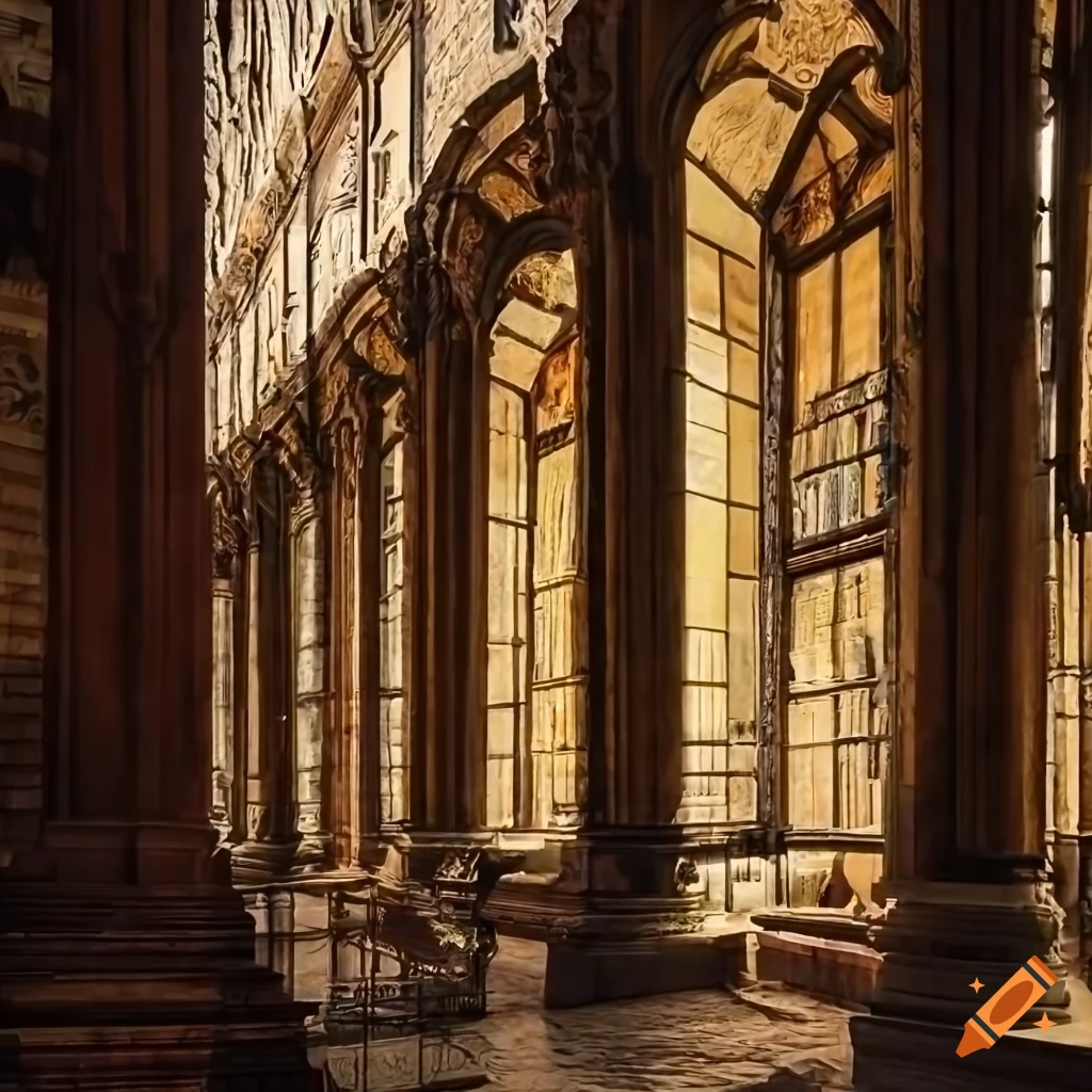 Vast multilevel library with sunlit cavern and ornate glass windows on ...