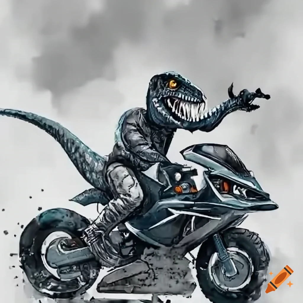 Velociraptor riding a motorcycle in a badass pose in 4k resolution on ...