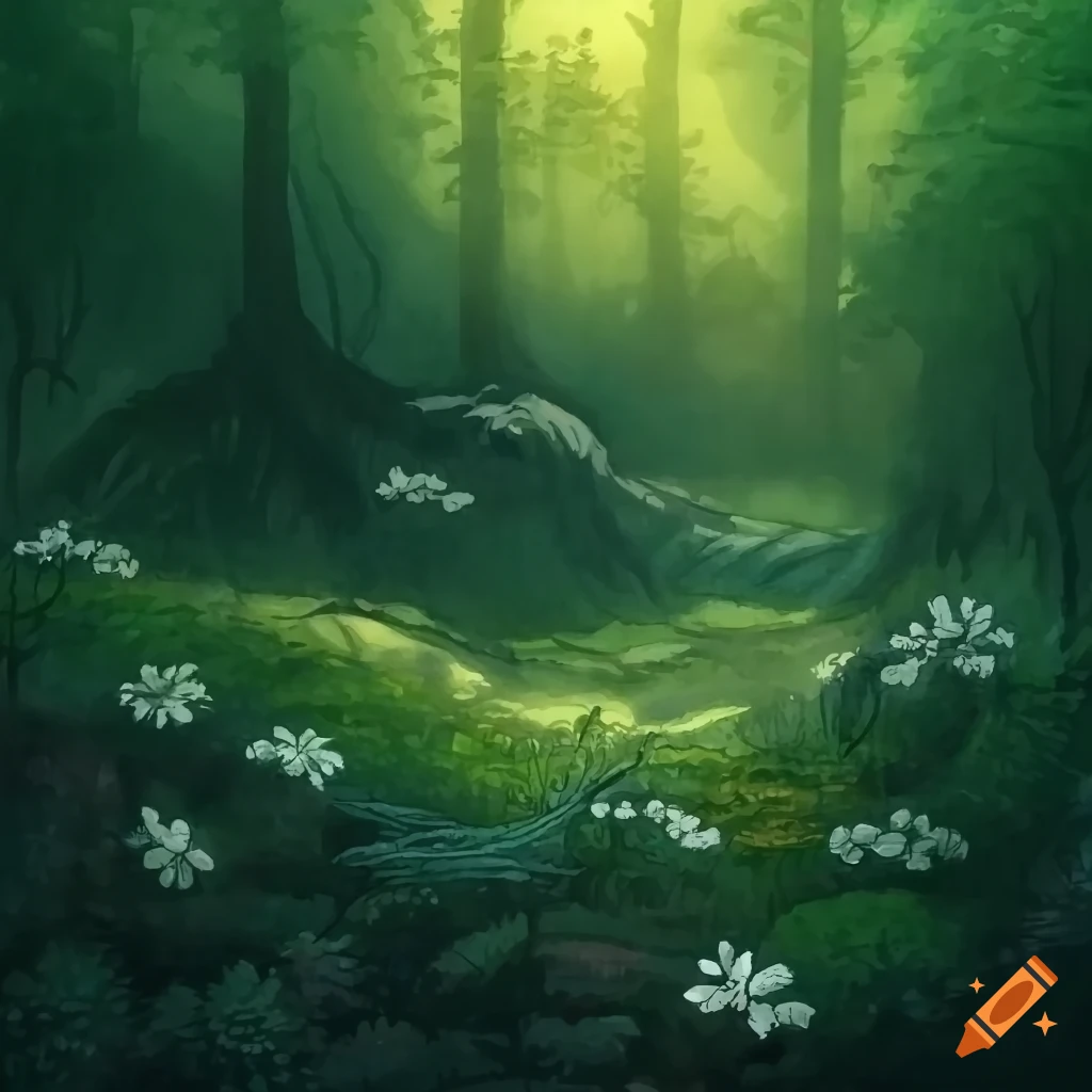 Detailed painting of a foggy forest with bent trees and lush vegetation ...
