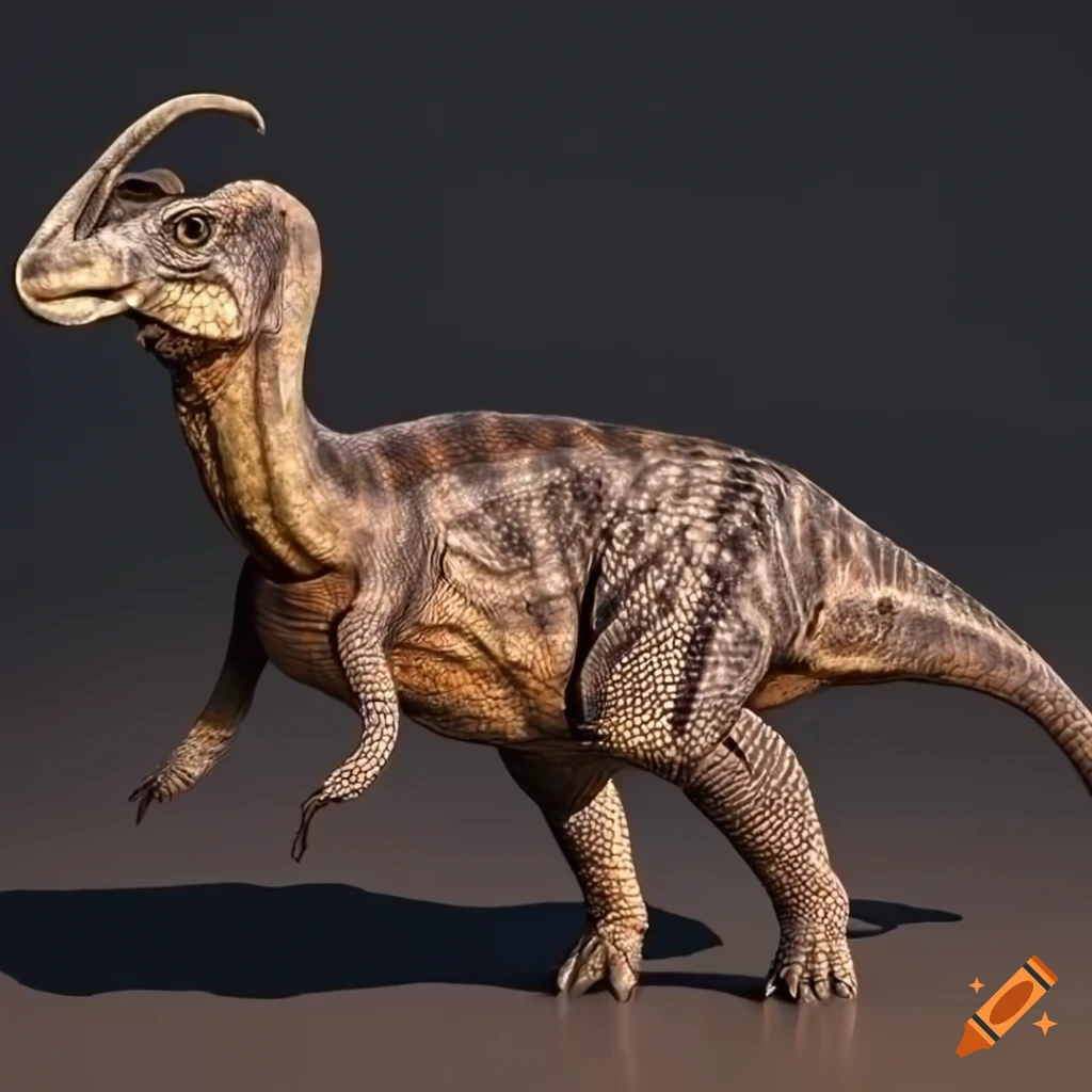 Colorful Hadrosaur dinosaur with intricate skin pattern in warm morning ...