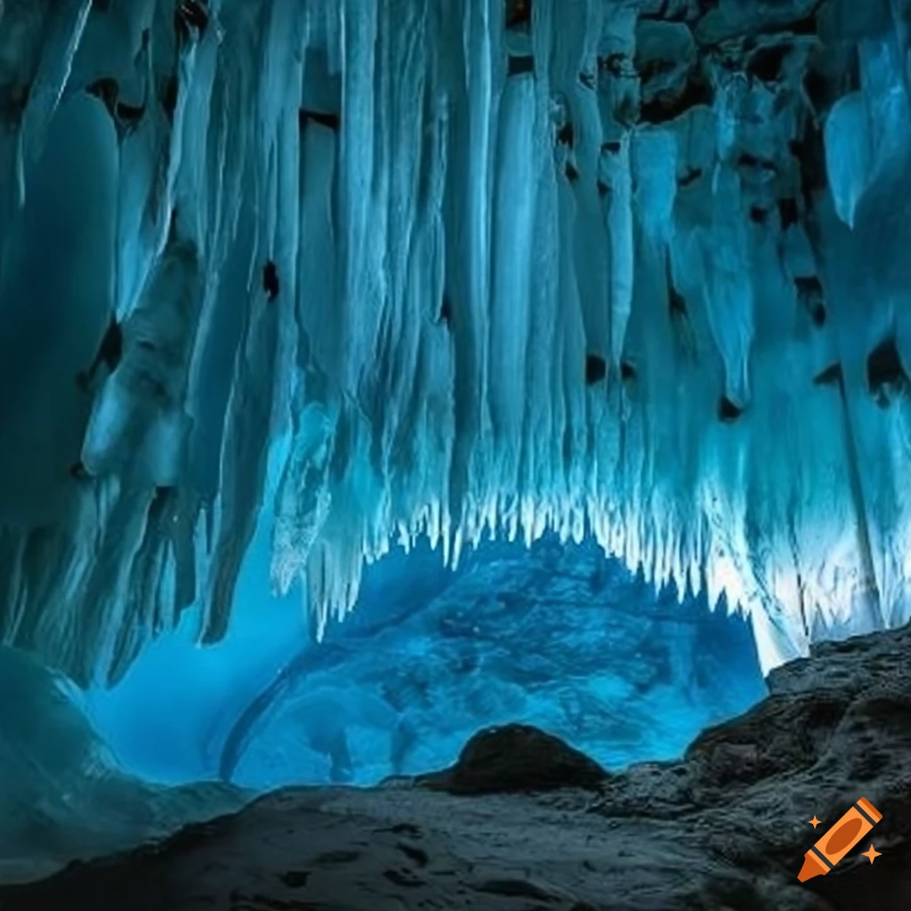 Large translucent calm ice cavern cave on Craiyon