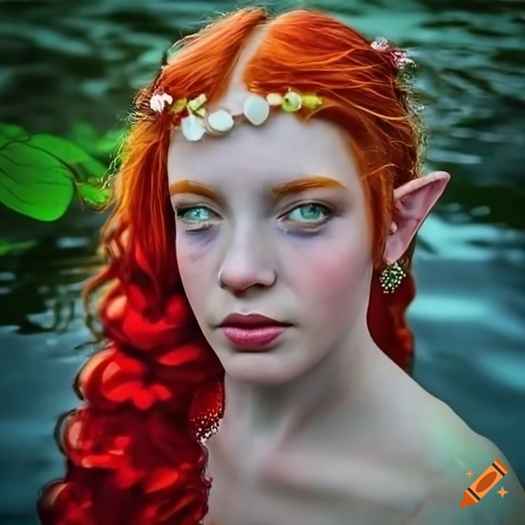 Close-up of a red-haired mermaid goddess at a tropical haven during ...