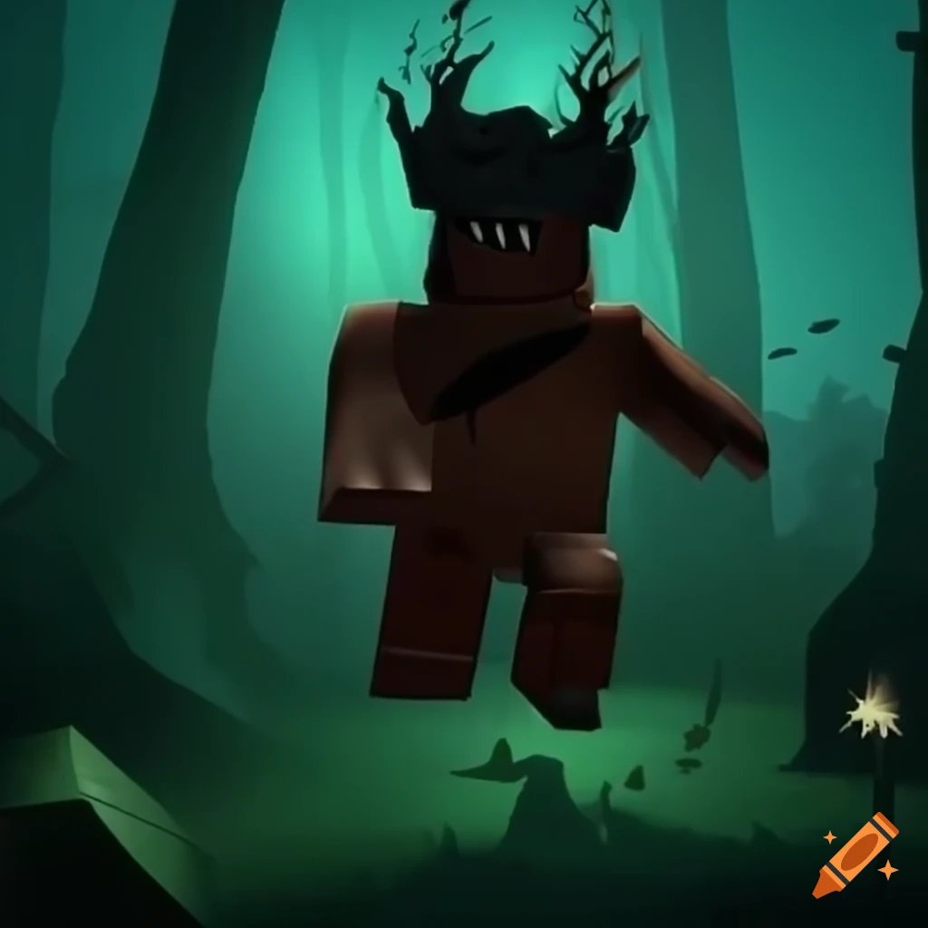 Roblox game thumbnail creature jumping out of a dark forest on Craiyon