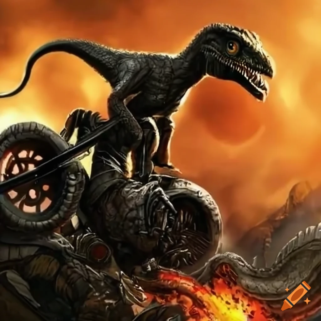 Velociraptor riding a motorcycle in a badass pose on Craiyon