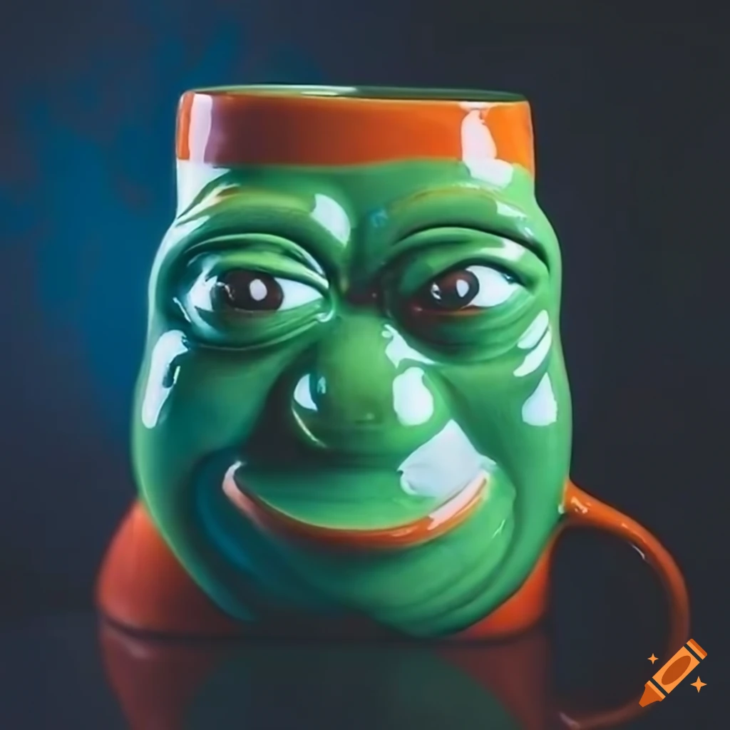 Pepe face ceramic coffee mug in macro photograph on Craiyon