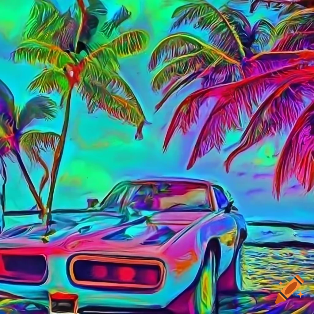 Vibrant neon-lit 1960s trans am on the shoreline with palm trees and ...