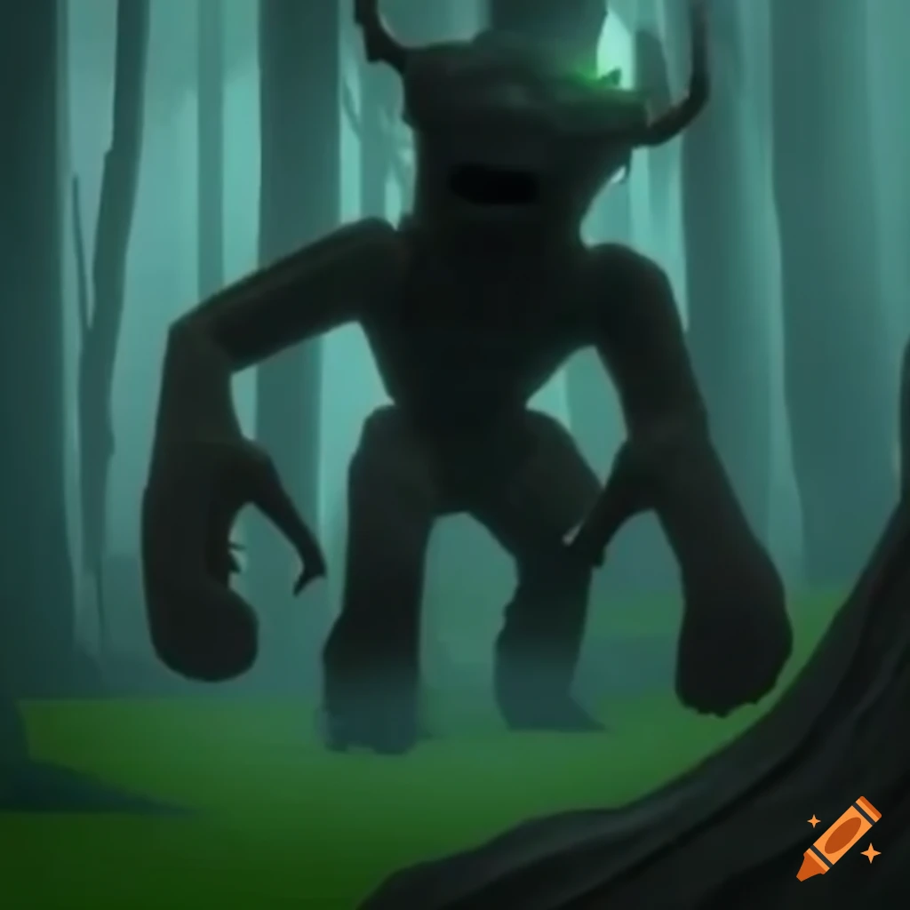 Roblox game thumbnail creature jumping out of a dark forest on Craiyon