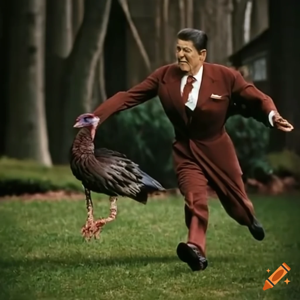 Ronald reagan chasing a turkey in a yard on Craiyon