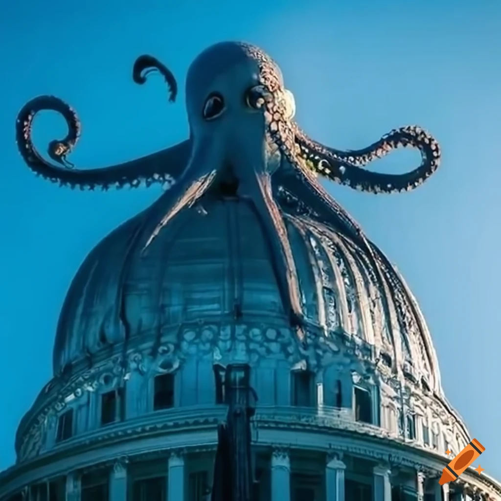 Giant octopus wrapping around capitol hill building with its tentacles ...