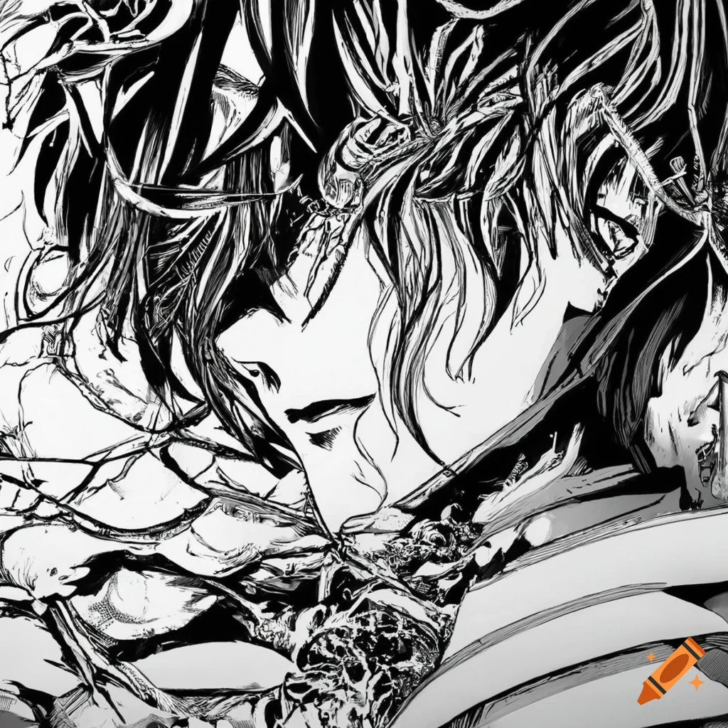 Black and white highly detailed manga panel with sharp outlines on Craiyon
