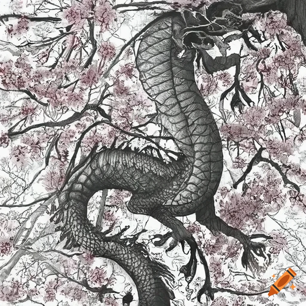 Japanese dragon circling a sakura tree in black ink drawing on Craiyon