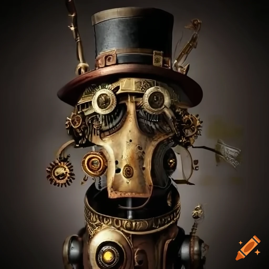 Steampunk robot wearing top hat on Craiyon