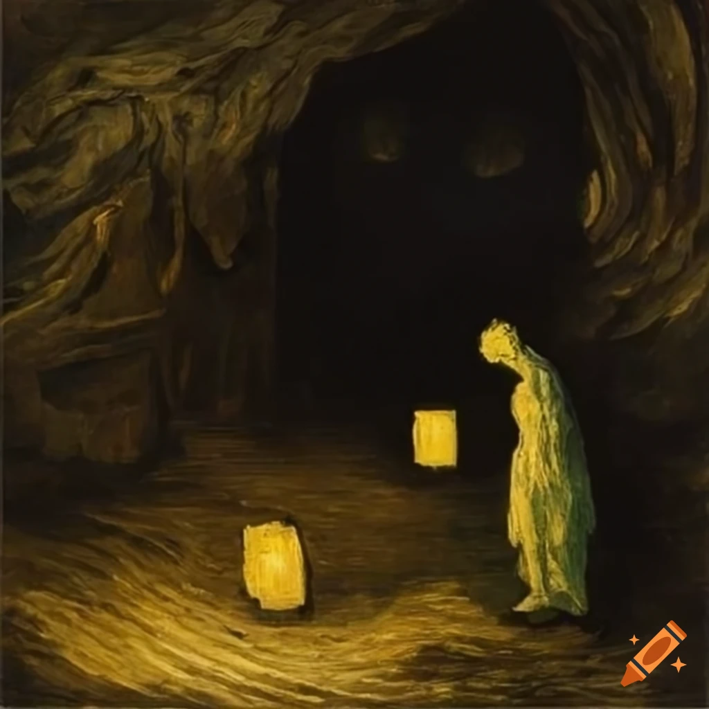 Van gogh painting of dark cave with floating lanterns and figure in the ...